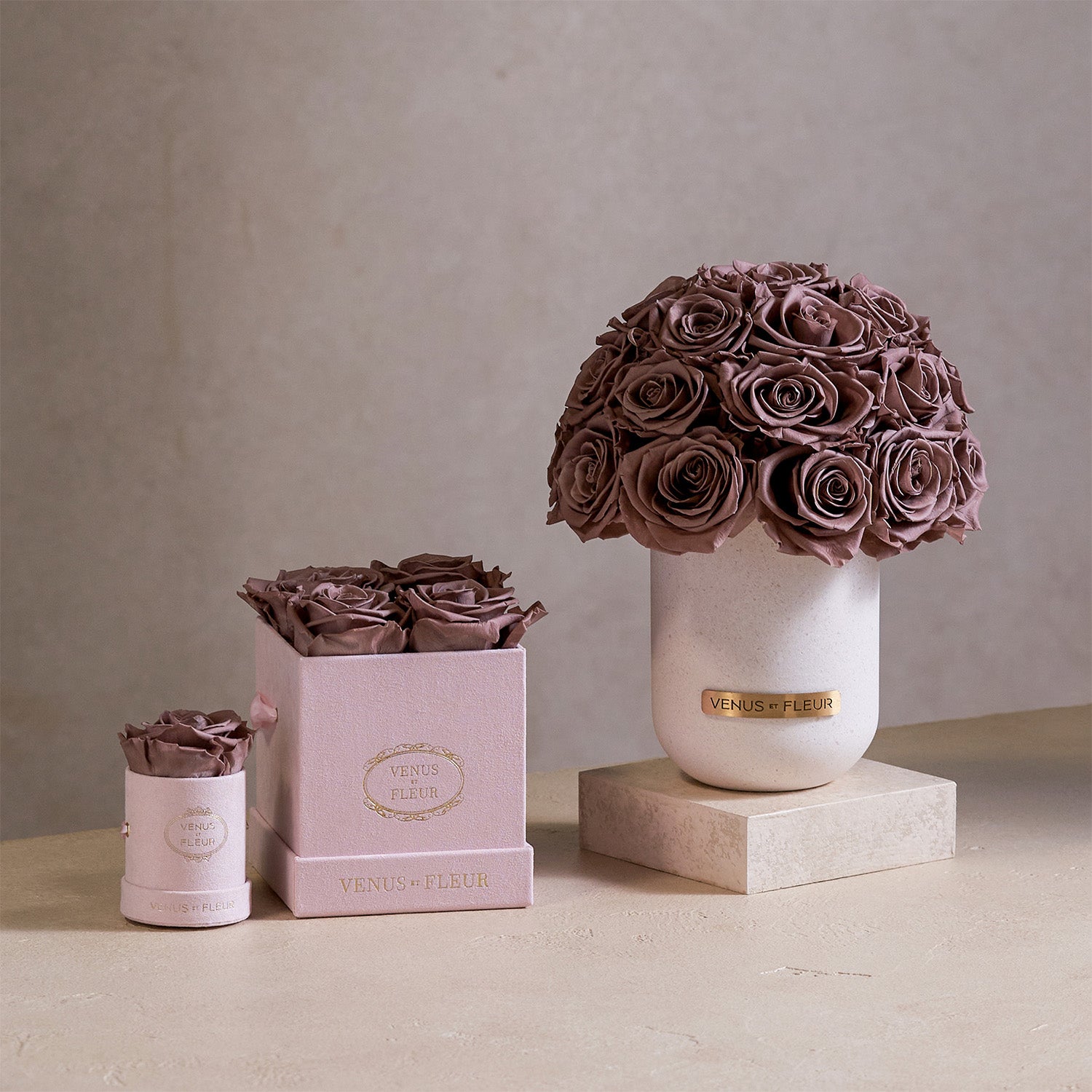 Suede Box with Eternity Roses Flowers Venus et Fleur